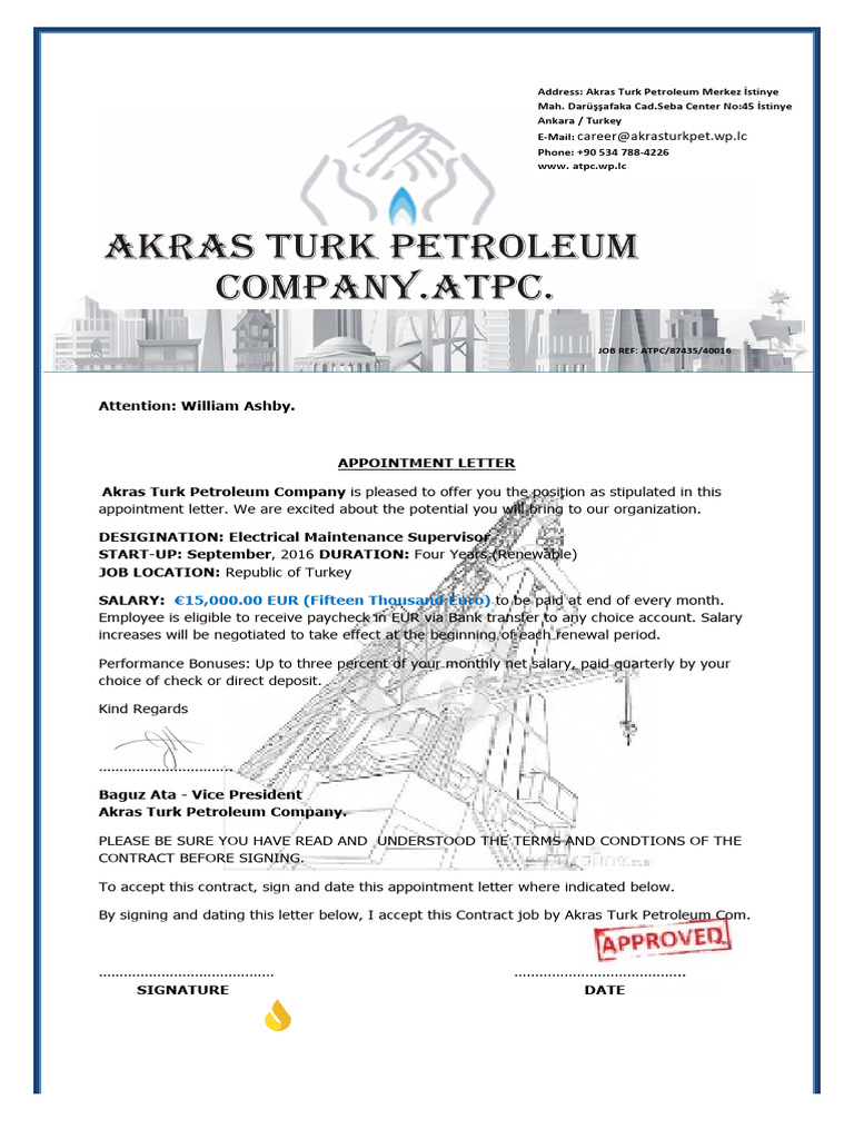 acceptance letter turkey petrolium copany | PDF