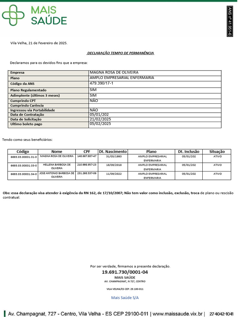 Declaracao de Permanencia - Magna Rosa de Oliveira | PDF | Direito ...