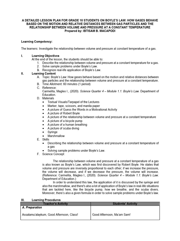 BOYLE'S LAW DLP | PDF | Gases | Pressure