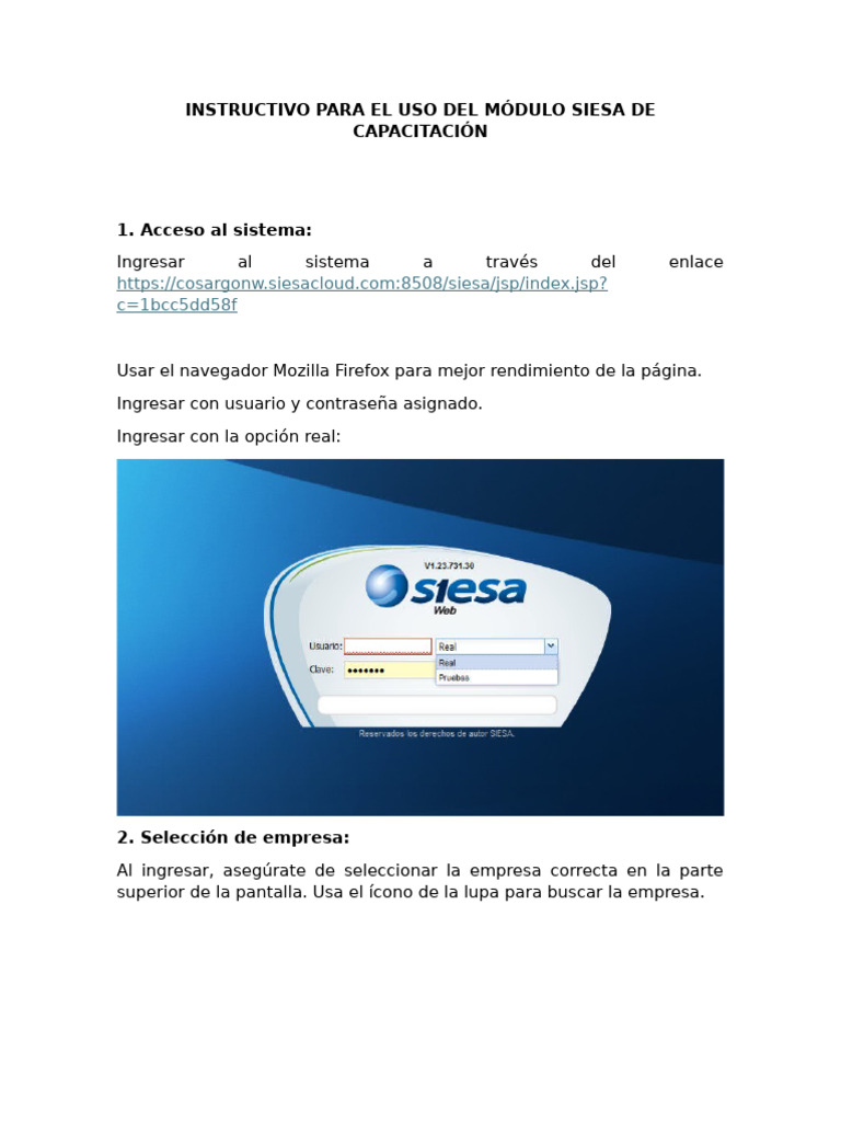 Instructivo para El Uso Del Módulo SIESA de Capacitación | PDF