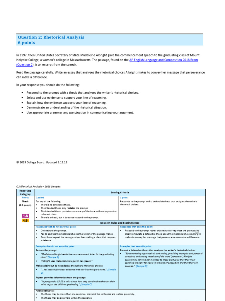 Rhetorical Analysis - Albright Prompt and Scoring Guidelines | PDF ...