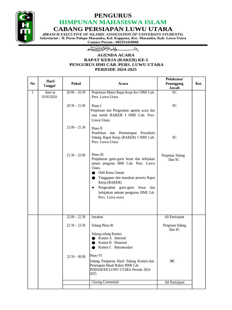 Agenda Acara Raker Ke-1 Hmi Lutra | PDF