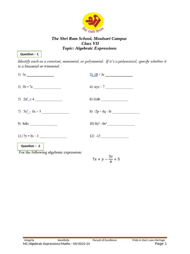 Class VII Algebraic Expressions Quiz | PDF