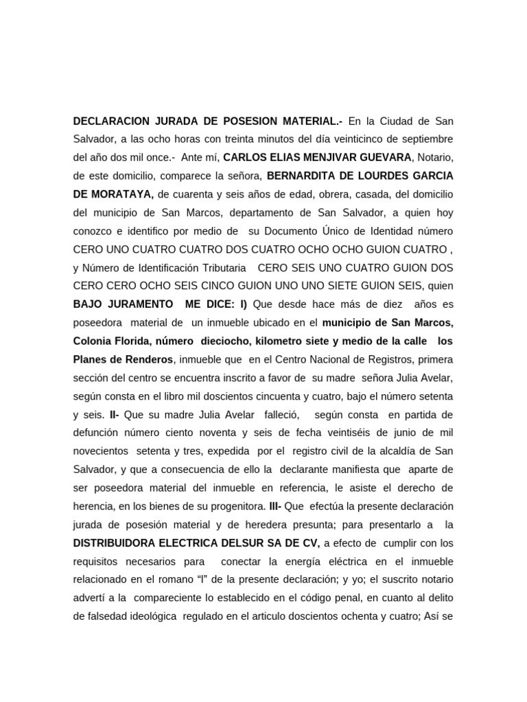 Declaracion Jurada de Posesion Material | PDF