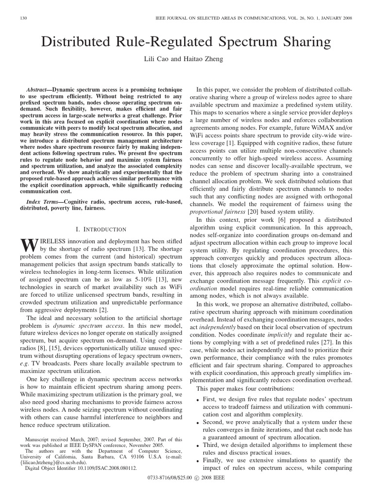 2008 - Distributed Rule-Regulated Spectrum Sharing | PDF | Cognitive Radio | Computer Science