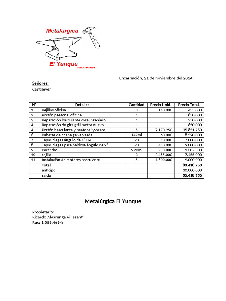Cantilever Yvyraro Noviembre 2024 | PDF