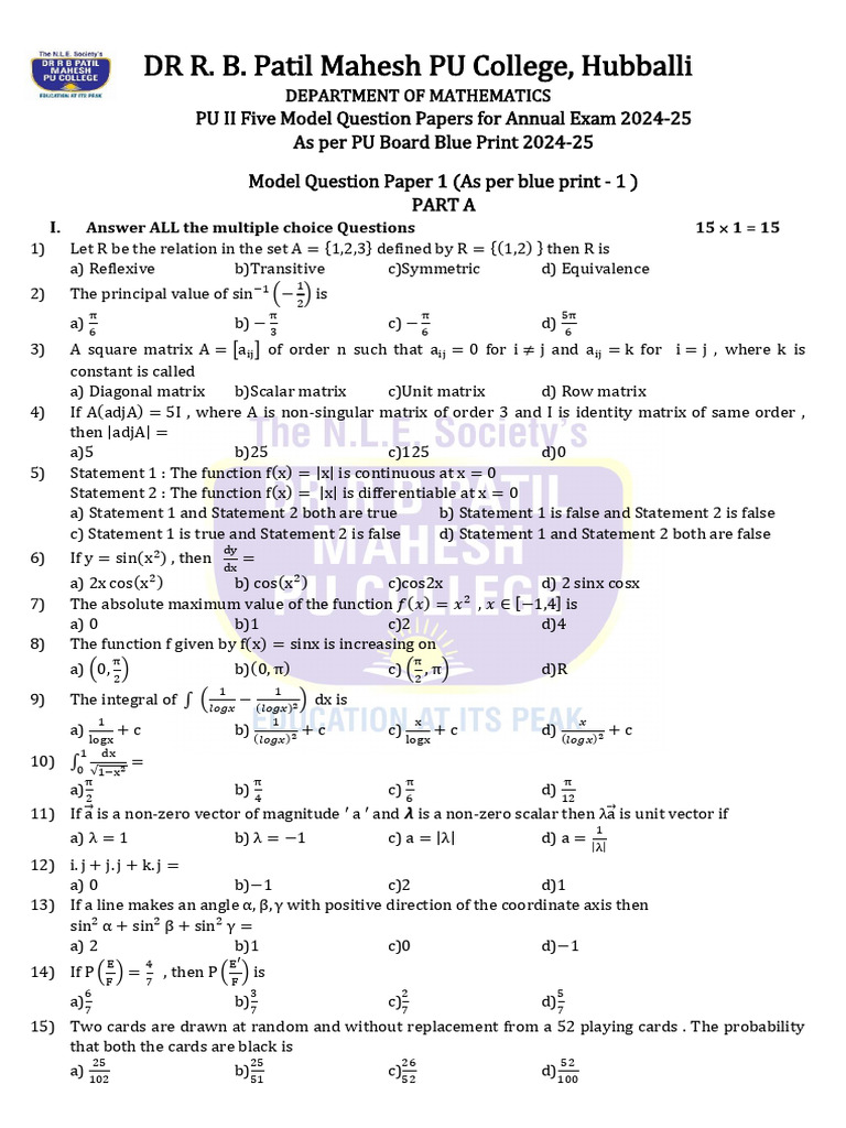 PU II Five Model Question Papers For Annual Exam 2024-25 . | PDF ...
