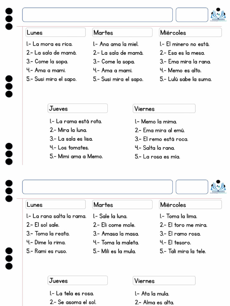 Dictado de Oraciones Cortas Por Semana | PDF