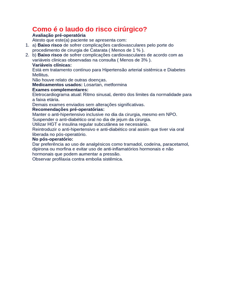 Como É o Laudo Do Risco Cirúrgico | PDF