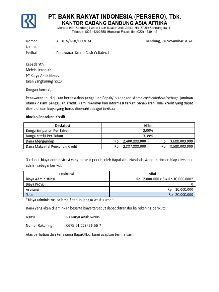 Penawaran Kredit Cash Collateral BRI | PDF