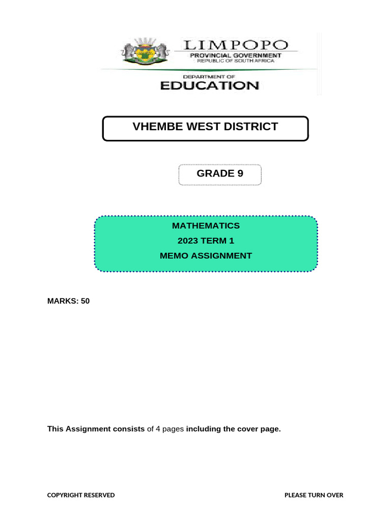Memo Assignment 1 Grade 9 Maths | PDF
