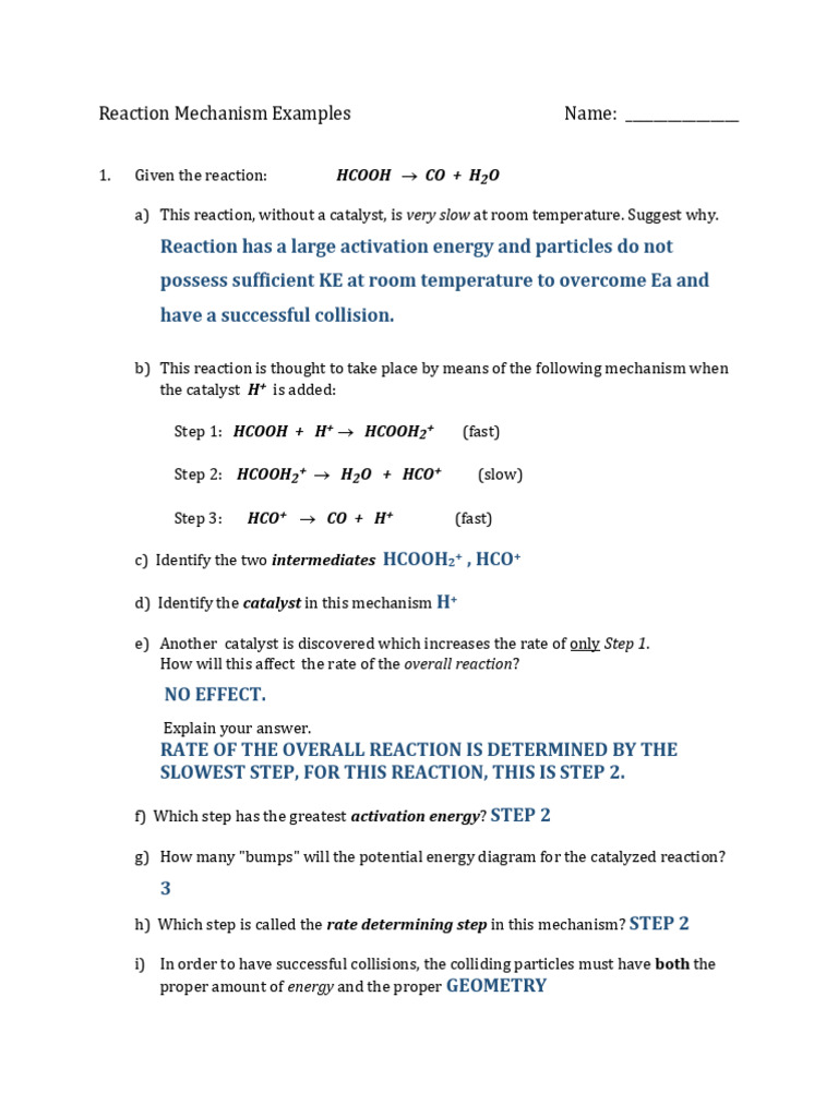 Reaction Mechanism Examples Worksheet | PDF | Activation Energy | Catalysis