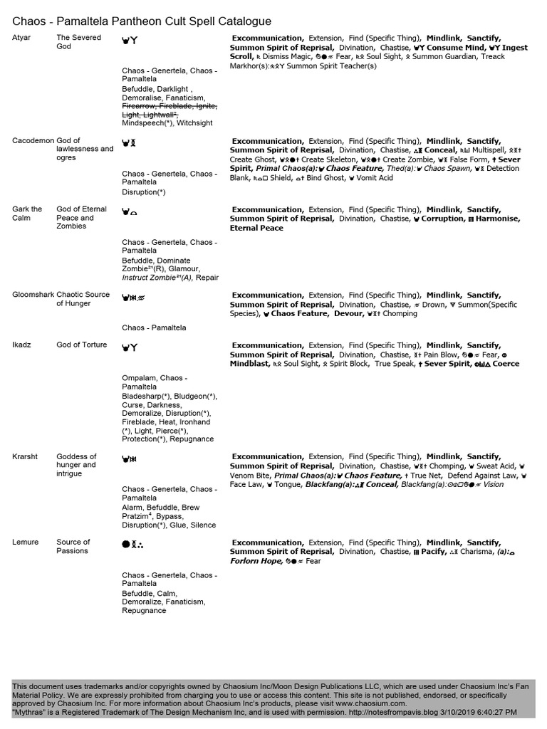 Chaos - Pamaltela Pantheon Cult Spell Catalogue | PDF | Religious ...