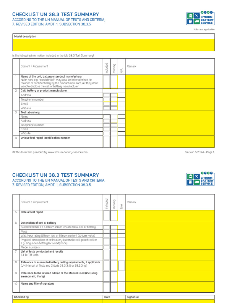 LiBS Checklist UN 38 3 Test Summary 7 Edition Amdt 1 | PDF