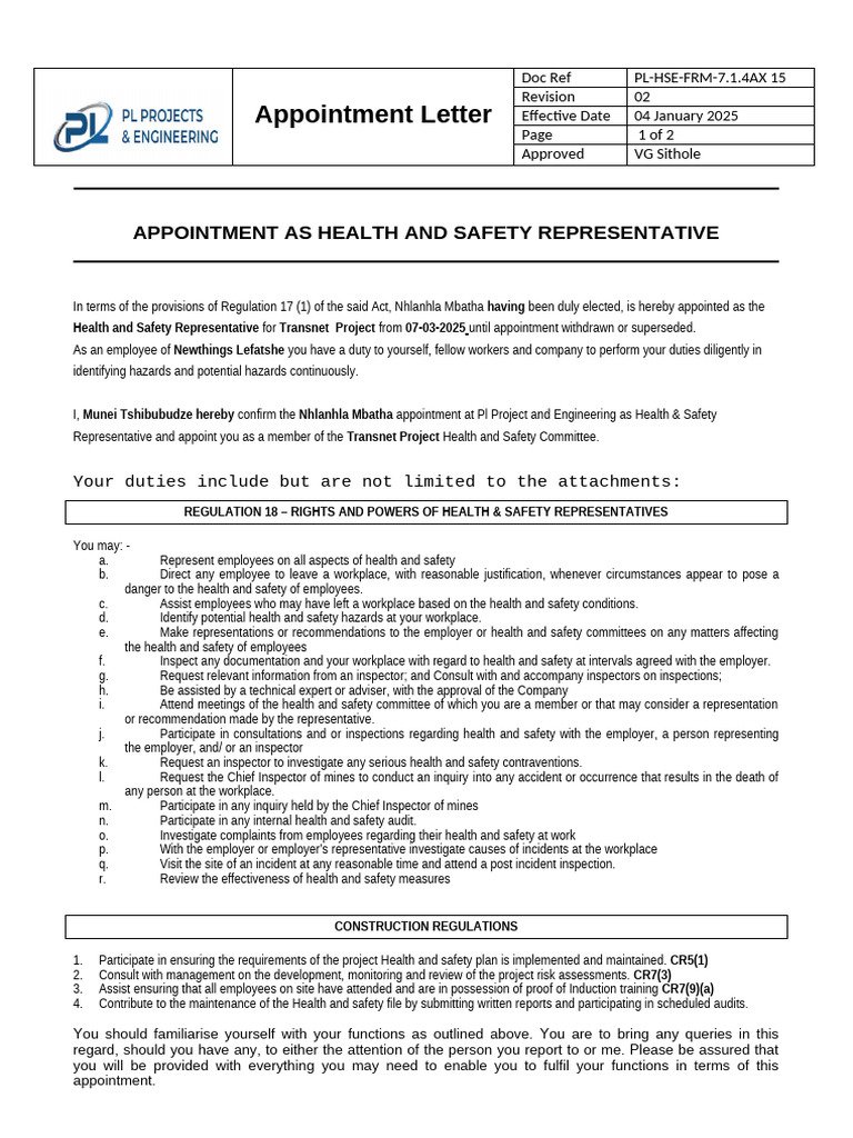 Health and Safety Rep Appointment Letter | PDF | Occupational Safety ...
