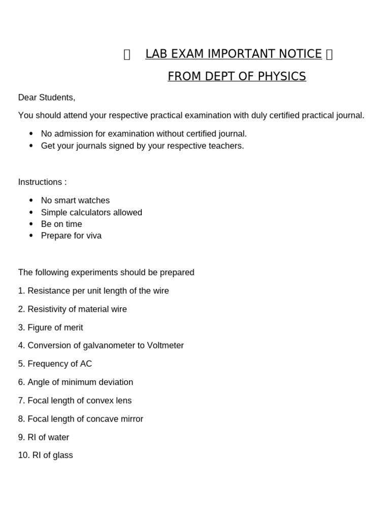 Physics Lab Exam Important Notice | PDF