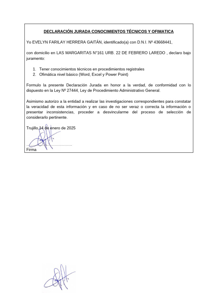 12. Declaración jurada de conocimientos técnicos | PDF