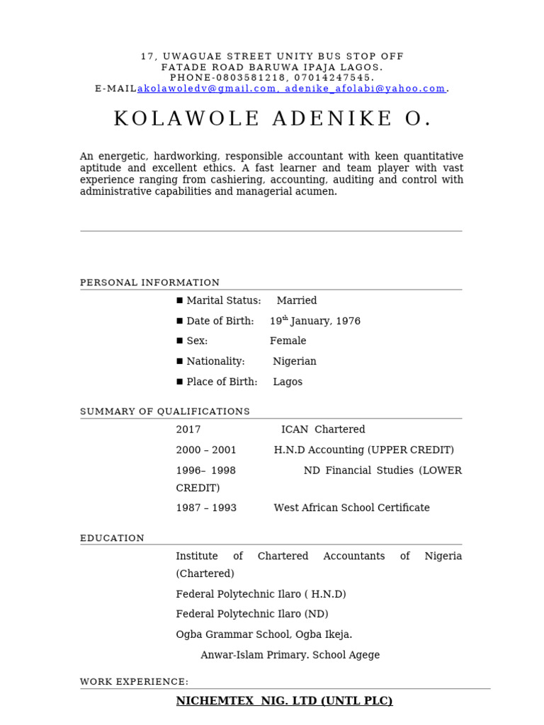 Nike Kolawole c.V | PDF | Business Economics | Financial Services