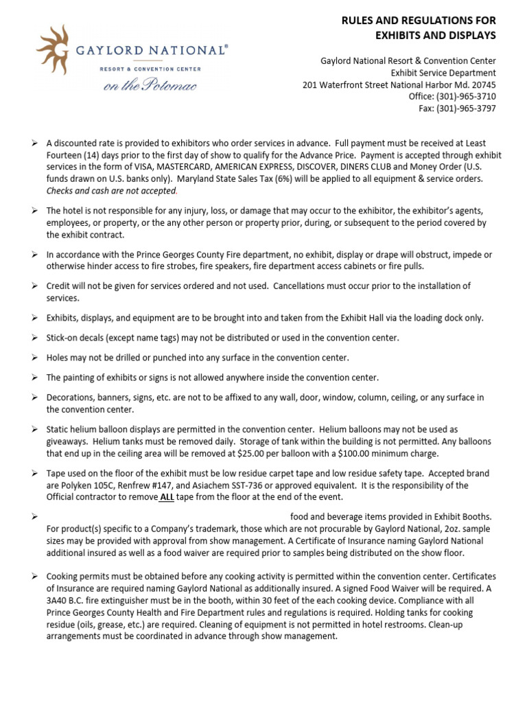 Gaylord National Exhibit Regulations | PDF | Cargo