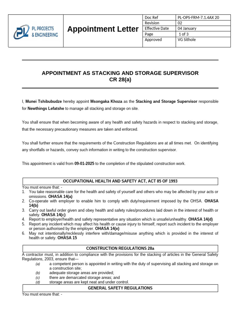 Appointment For Stacking and Storage Supervisor | PDF | Occupational ...