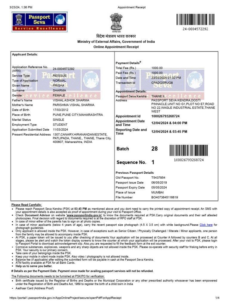 Appointment Receipt - Prisha Passport | PDF | Identity Document | Passport