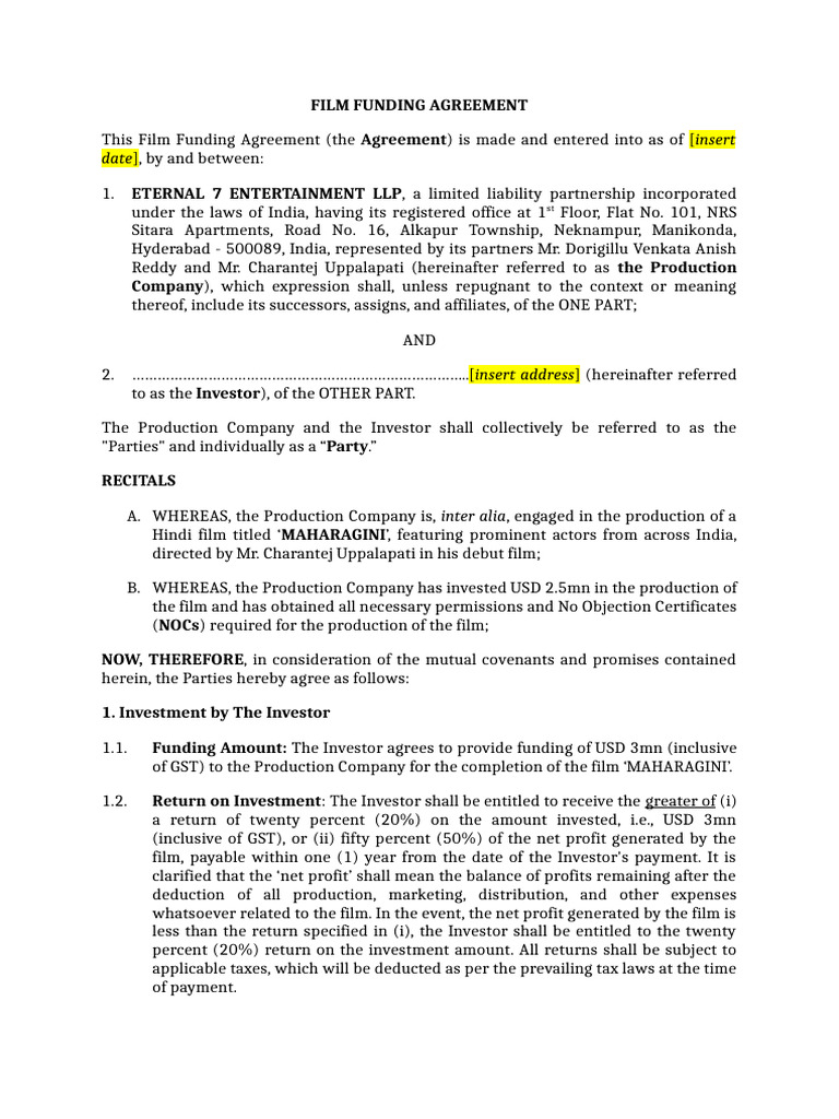 Film Funding Agreement for 'Maharagini' | PDF | Legal Liability | Indemnity