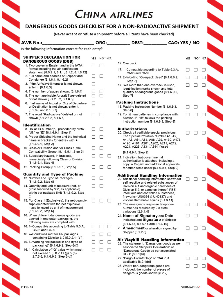 F-fz074 Af DG Checklist For Non-Rad | PDF | Dangerous Goods