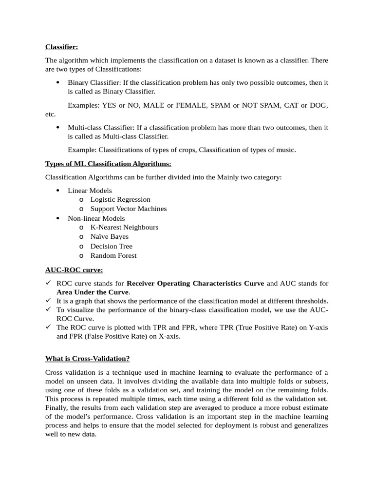 Notes On ML Basics (Classifier, Types of Classification Algorithms, AUC ...