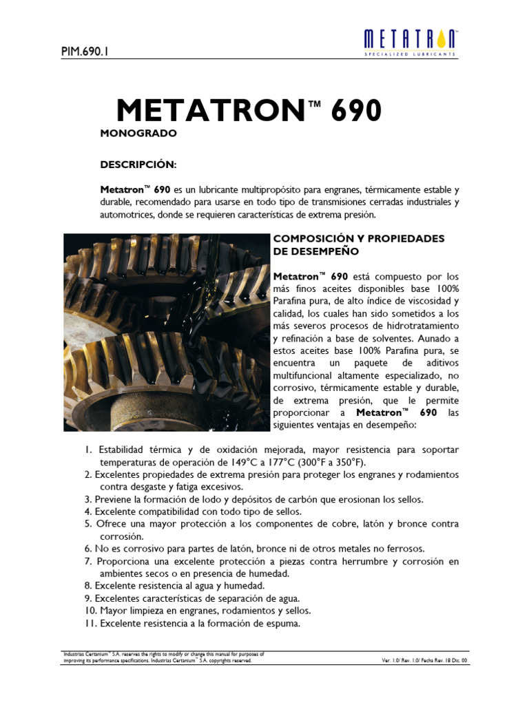 METATRON 690 Monogrado Spanish | PDF | Lubricante | Rodamiento (Mecánico)