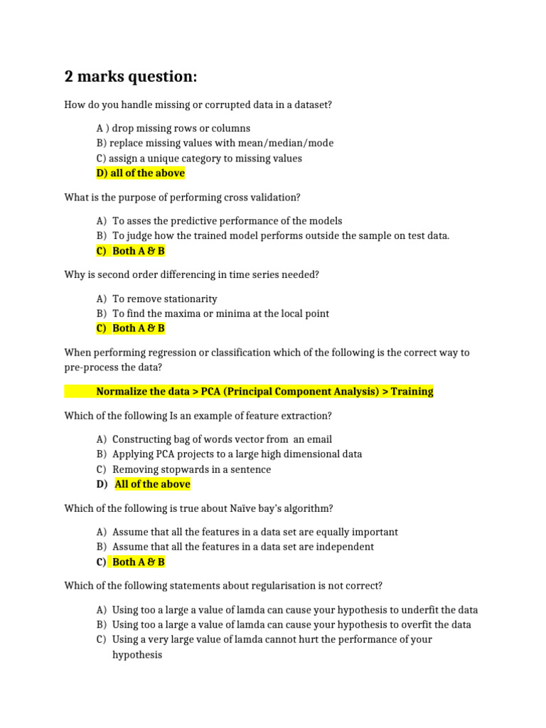 Machine Learning Suggestion(2 Marks) MCQ | PDF | Principal Component Analysis | Statistical ...