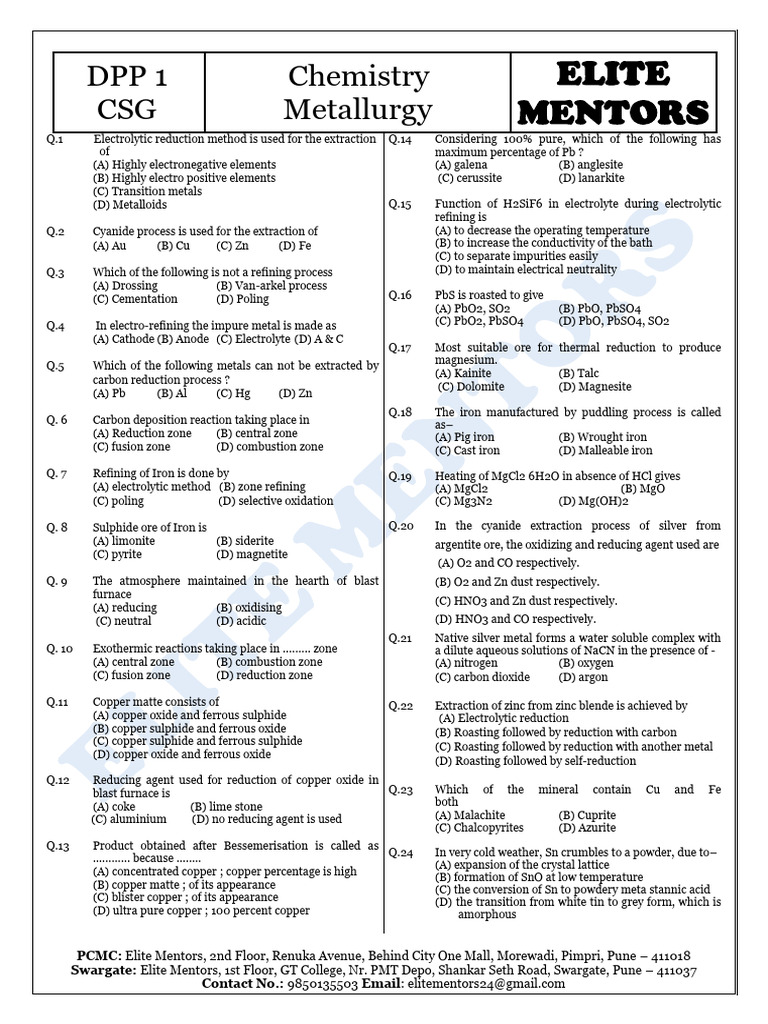 DPP 1 Metallurgy | PDF | Iron | Silver