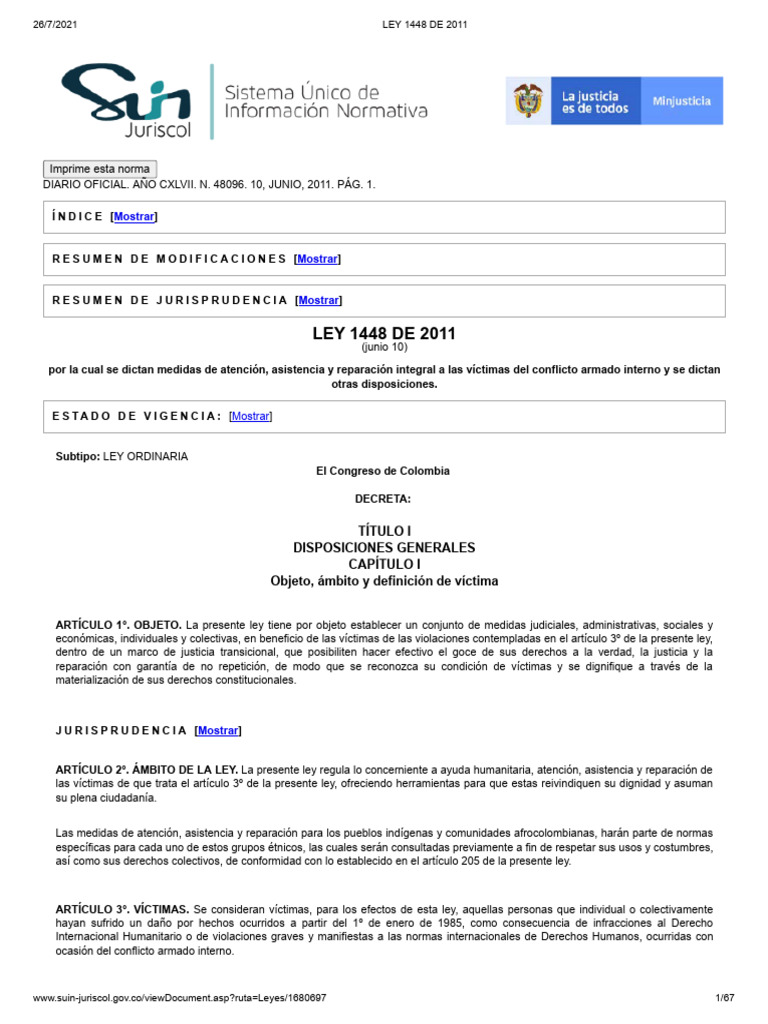 LEY 1448 DE 2011 | PDF | Violación | Fiscal