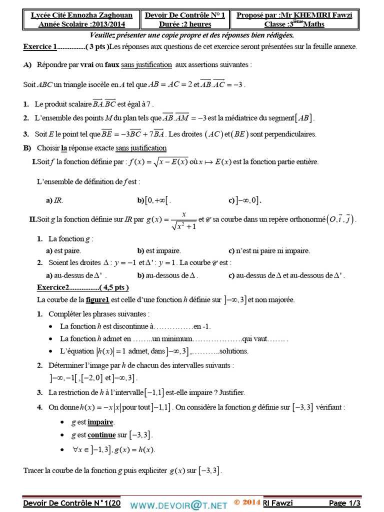 Devoir de Contrôle Maths 3ème 2013-2014 | PDF | Triangle | Géométrie ...