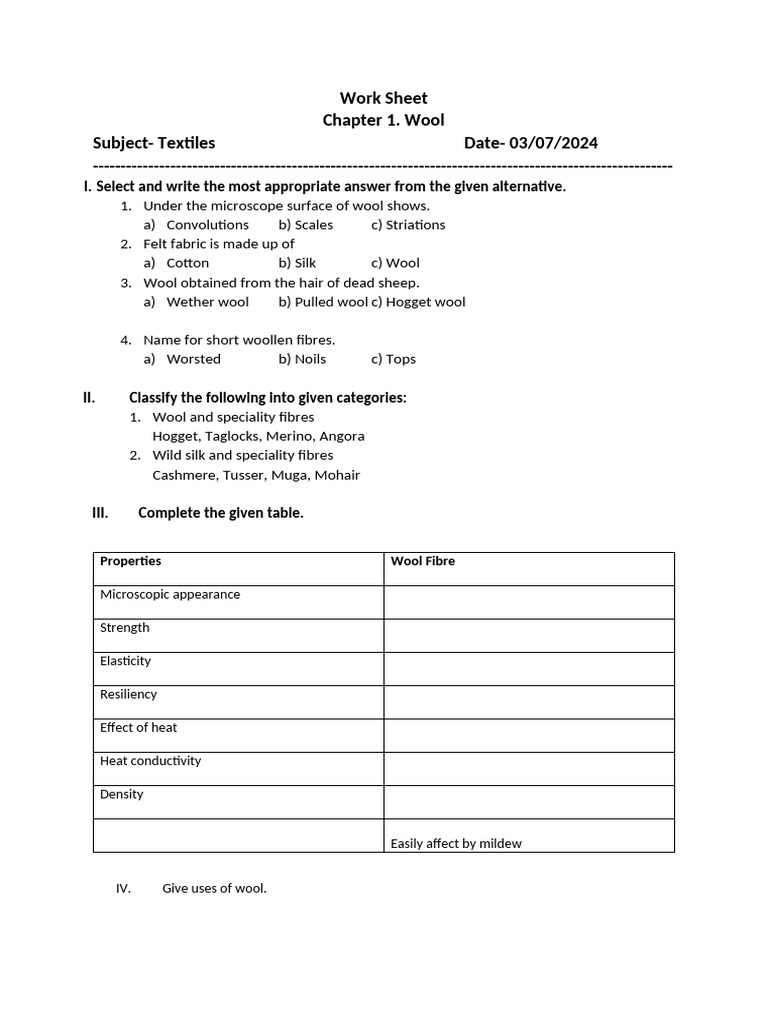 Wool Work Sheet No.1 | PDF