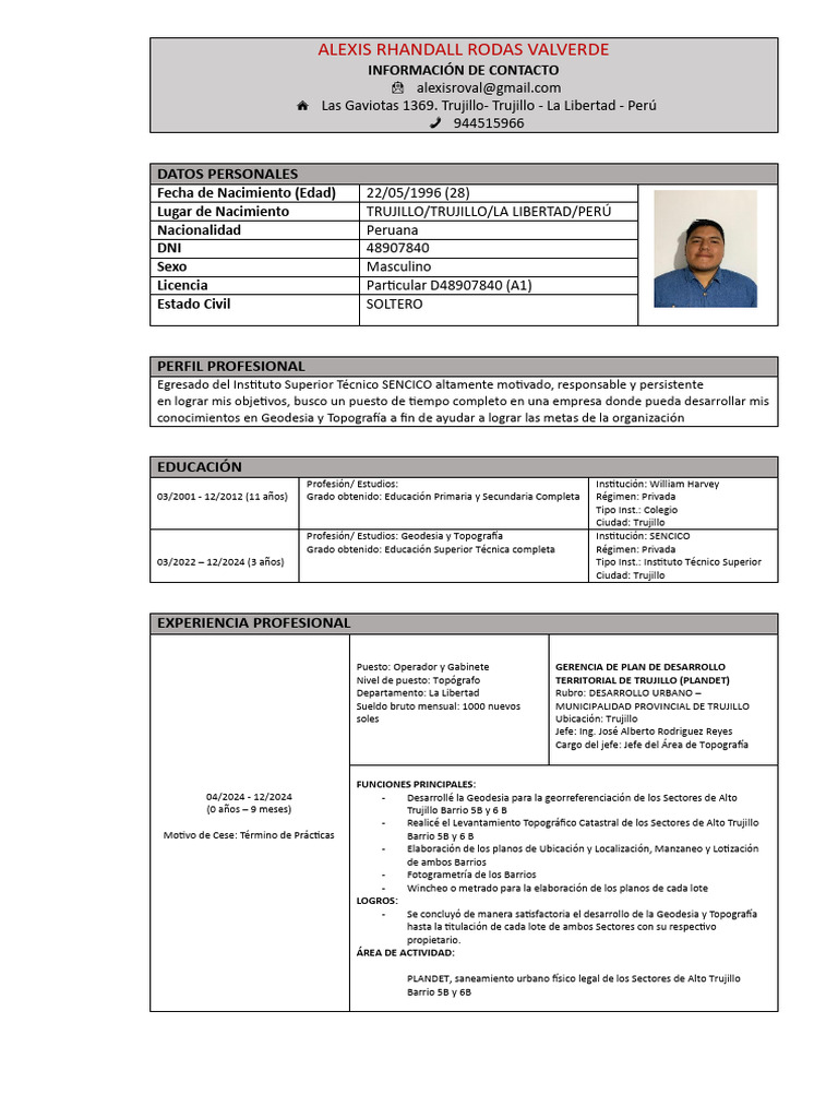 Cv. Alexis Rodas Valverde Topógrafo | PDF | Topografía | Perú