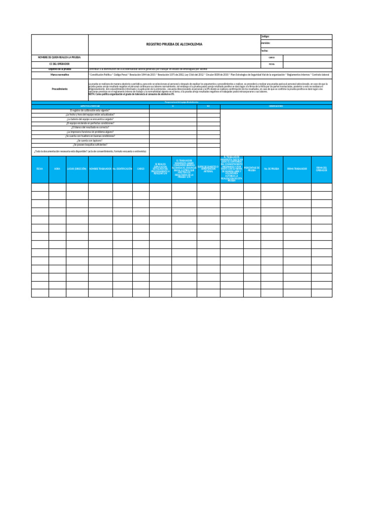 Formato Alcoholimetria | PDF