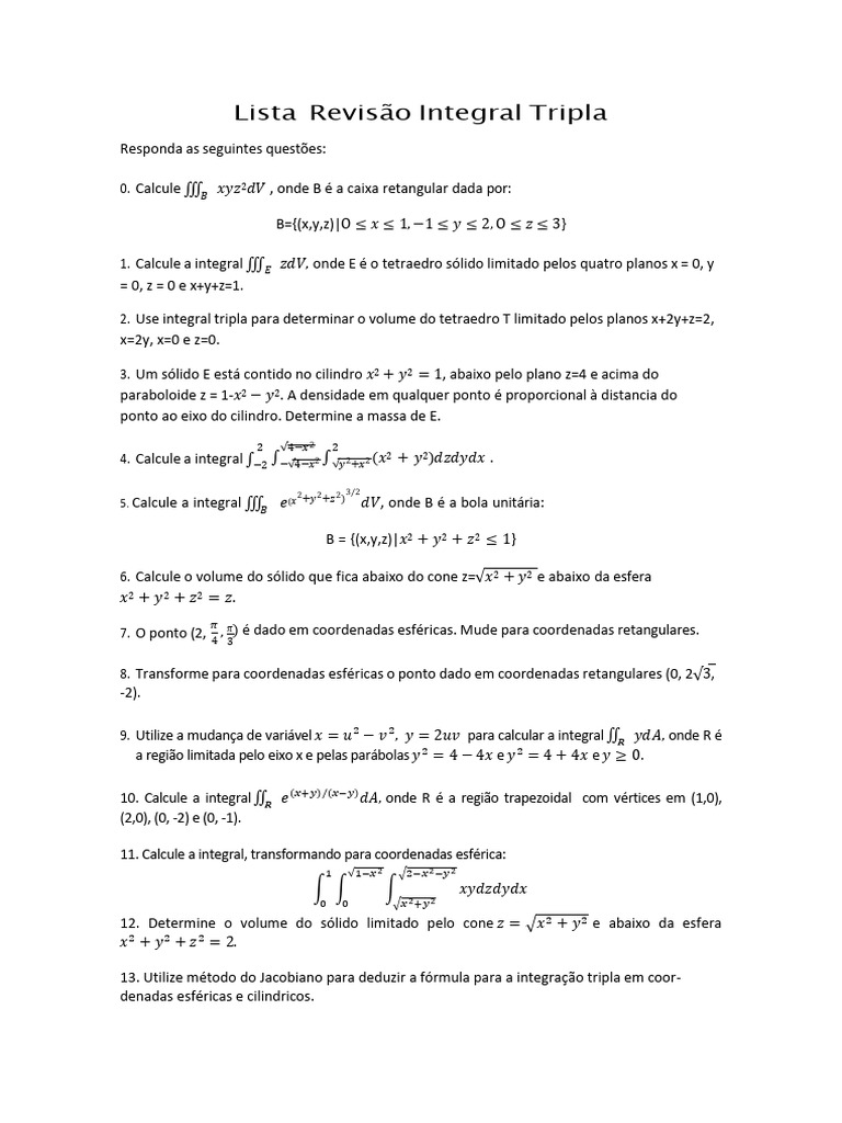 Lista Integral Tripla | PDF