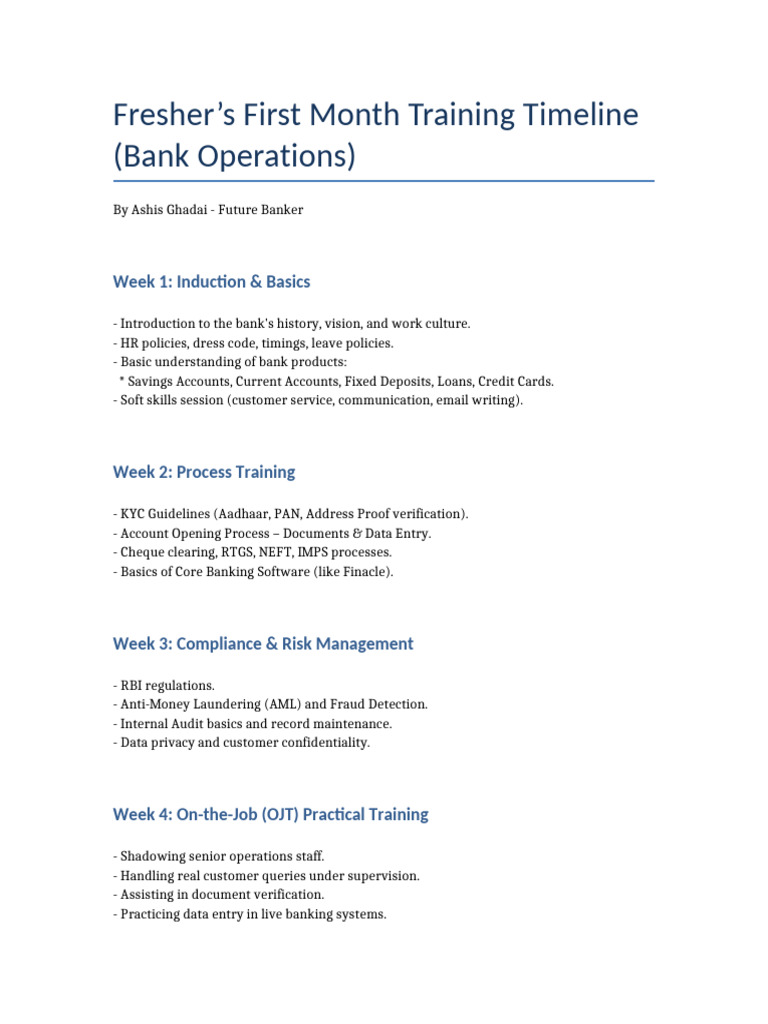 Fresher First Month Training Timeline | PDF
