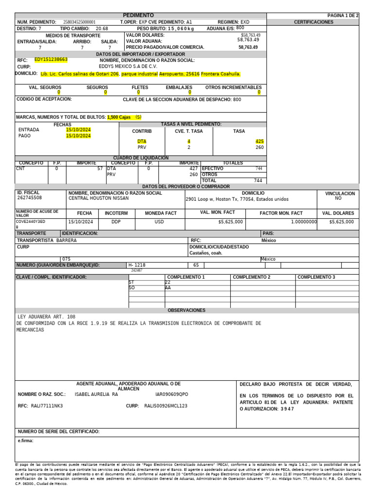 Pedimento Ejemplo | PDF | aduana | Pagos