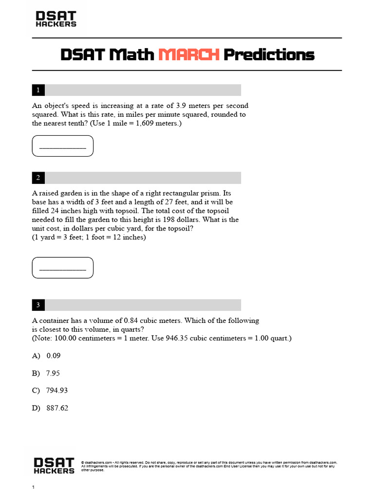 March SAT Math Predictions | PDF | Volume | Yard