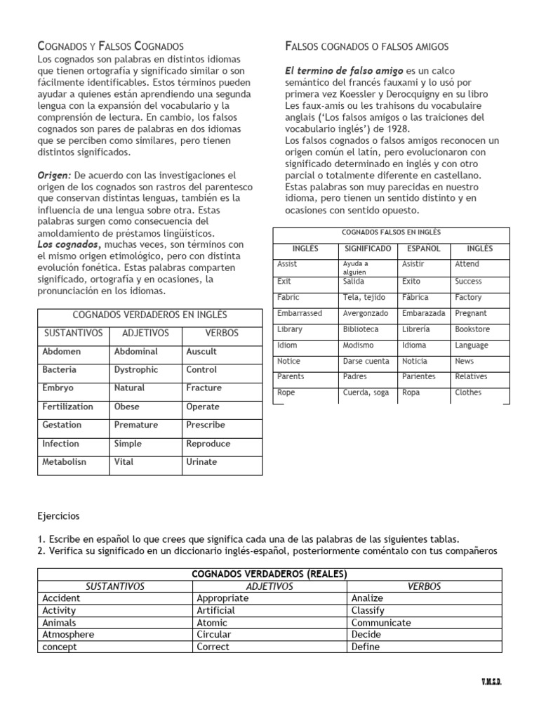 Cognados y Falsos Cognados, Diccionario, Nouns | PDF | Idioma en Inglés ...