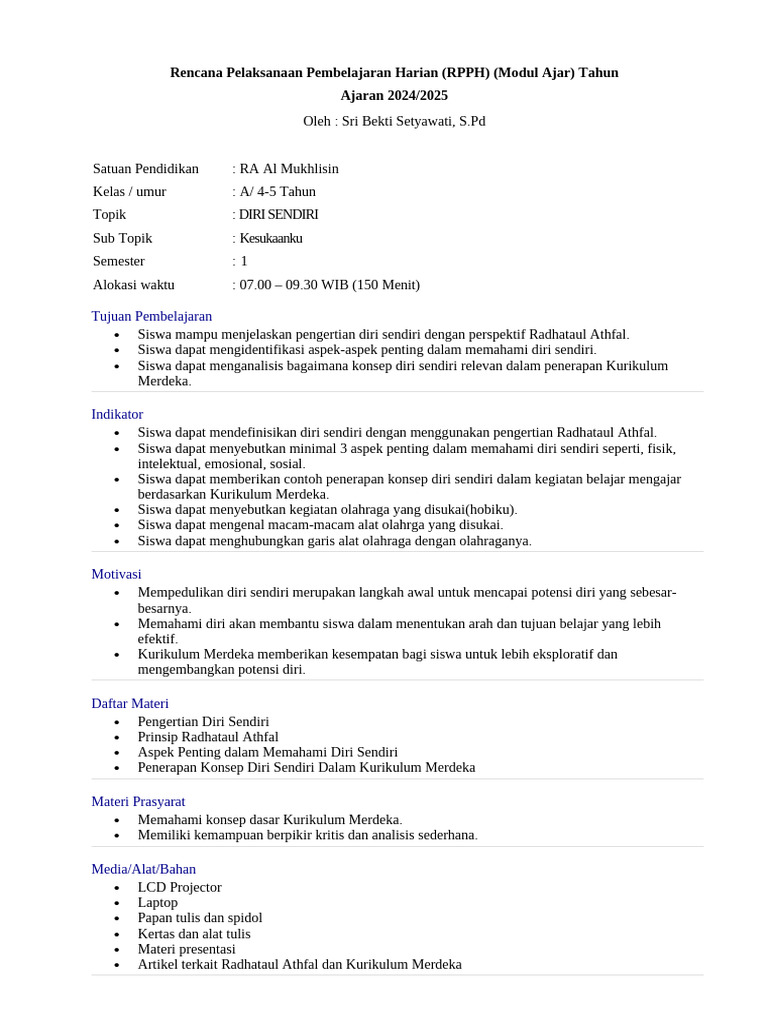 DONE RPPH DIRI SENDIRI Semester 1 - 2024 KURMER | PDF