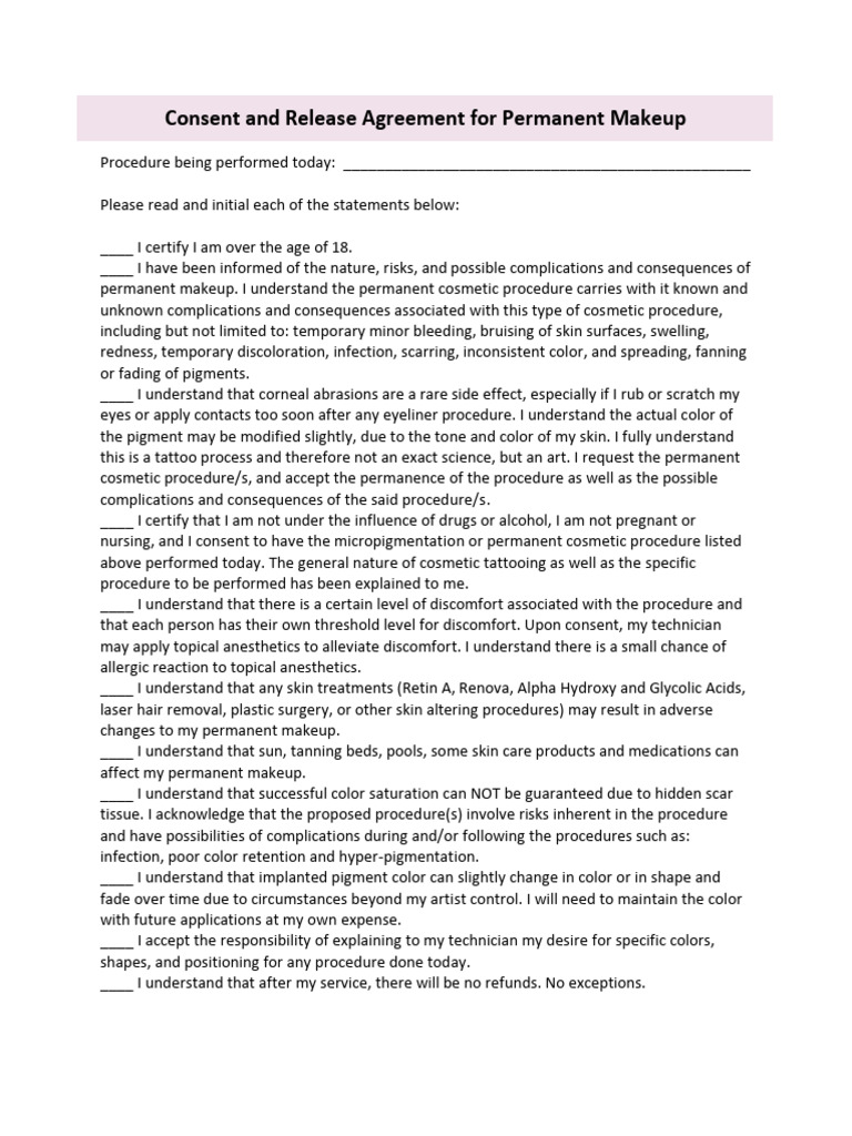 Consent and Release Agreement For Permanent Makeup | PDF | Medical Specialties