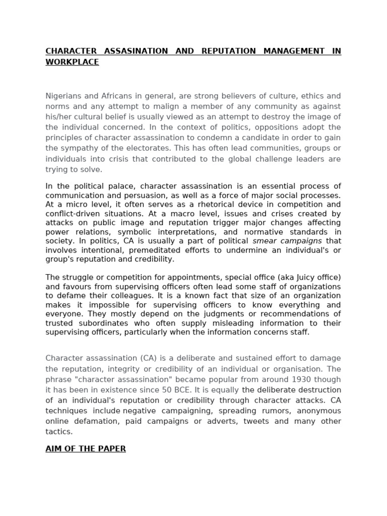 Character Assasination and Reputation Management in Workplace | PDF ...