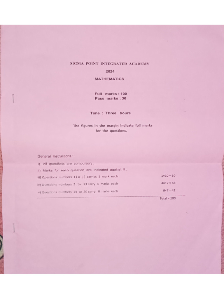 Sigma Point. Pre Test. MATHEMATICS 2024 | PDF