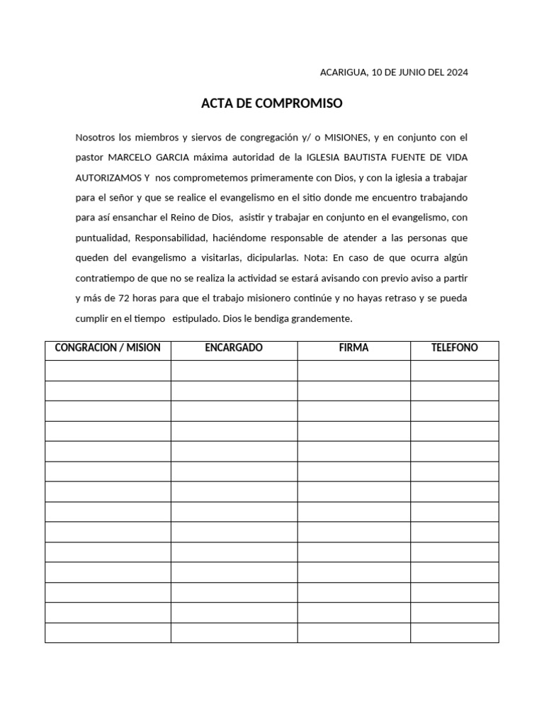Acta de Compromiso Proyecto Misionero | PDF