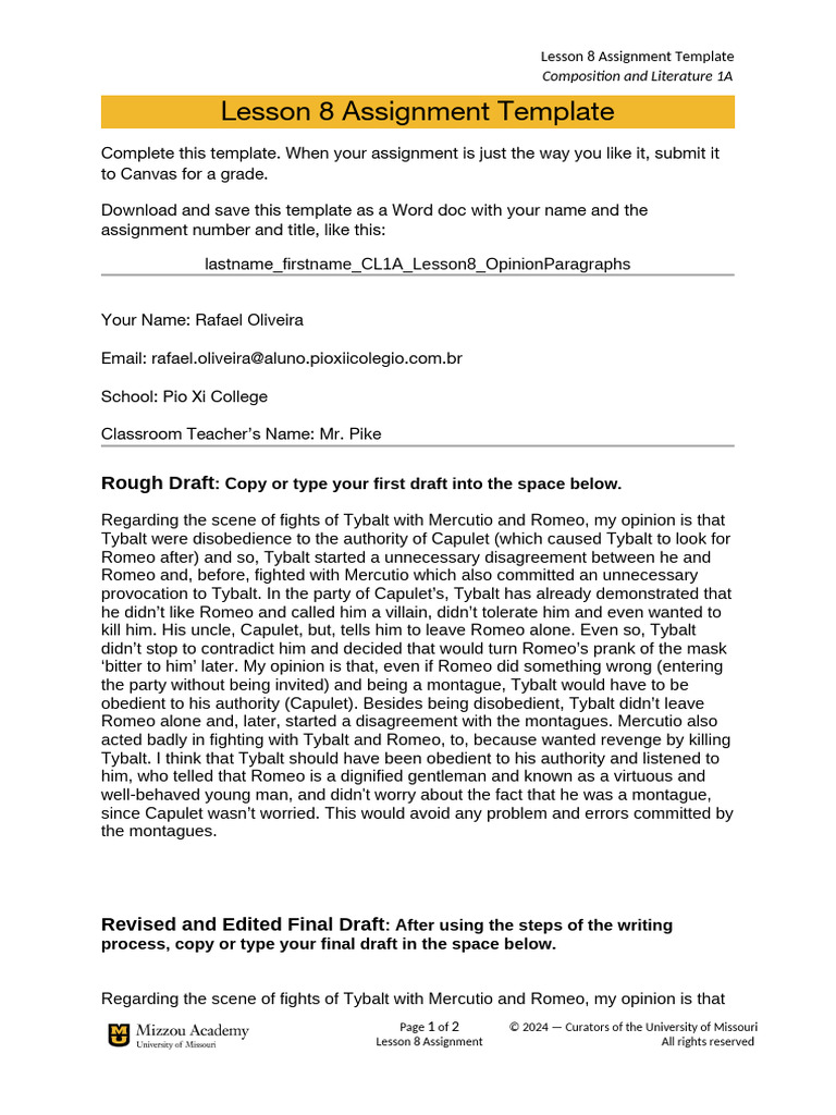 Oliveira Rafael CL1A Lesson8 OpinionParagraphs | PDF | Characters In Romeo And Juliet