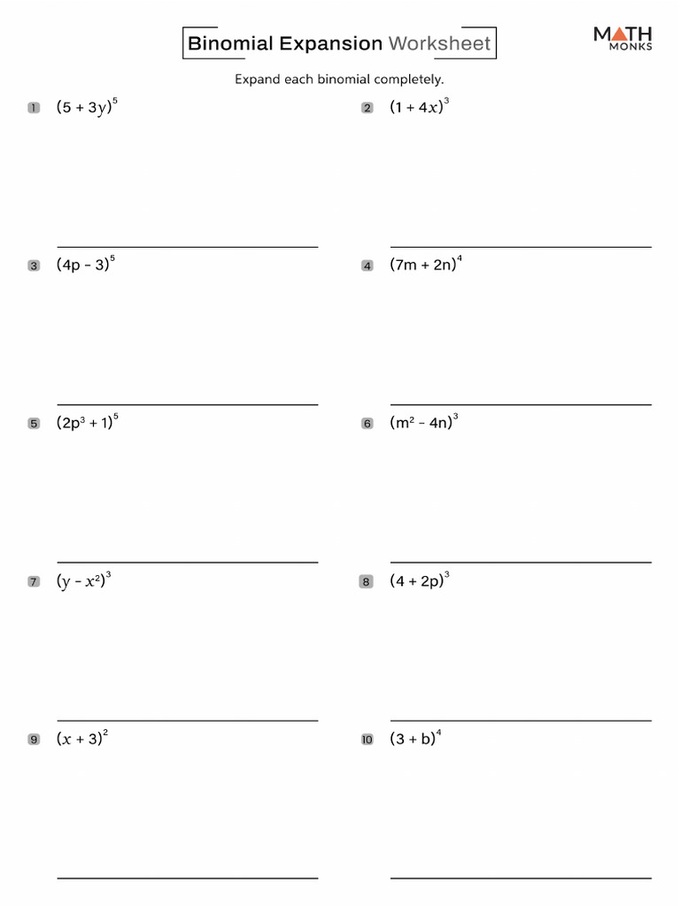 Binomial Theorem For Expansion Worksheet | PDF