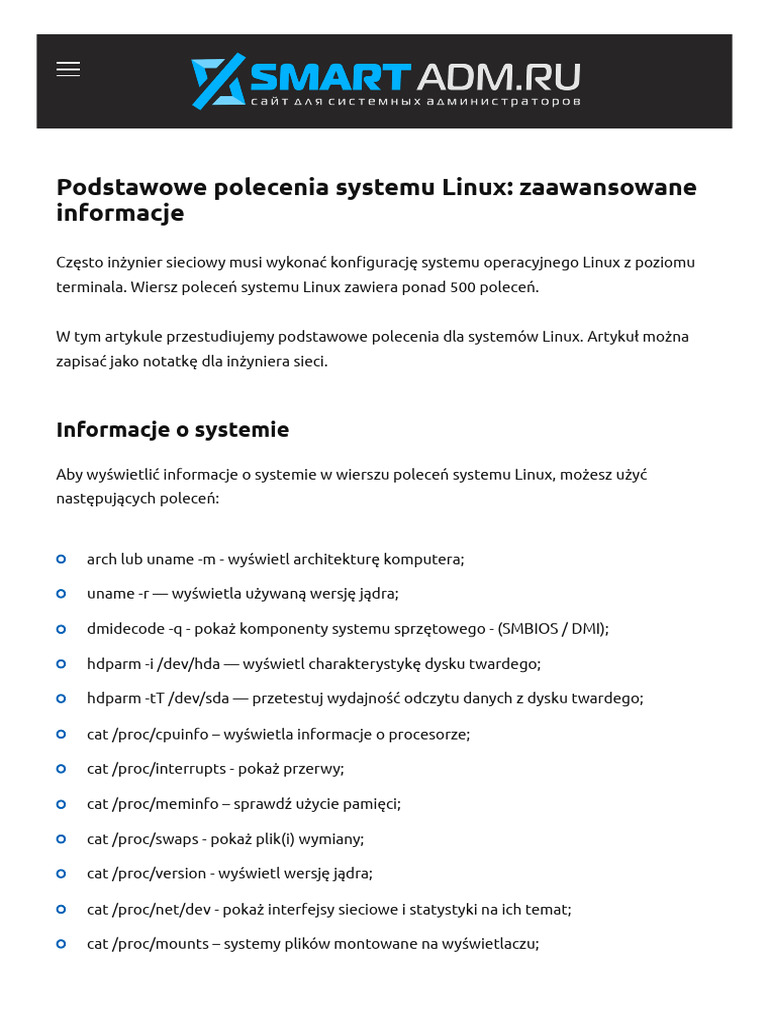 Podstawowe Polecenia Systemu Linux Zaawansowane Informacje | PDF