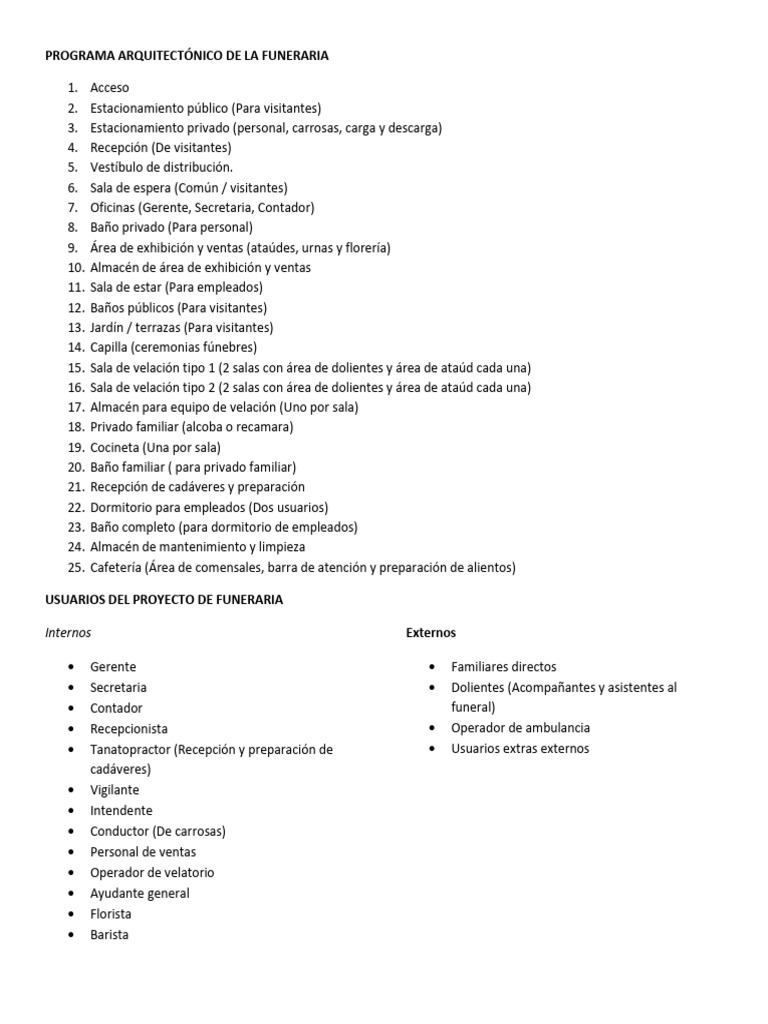 Programa Arquitectónico de Funeraria | PDF